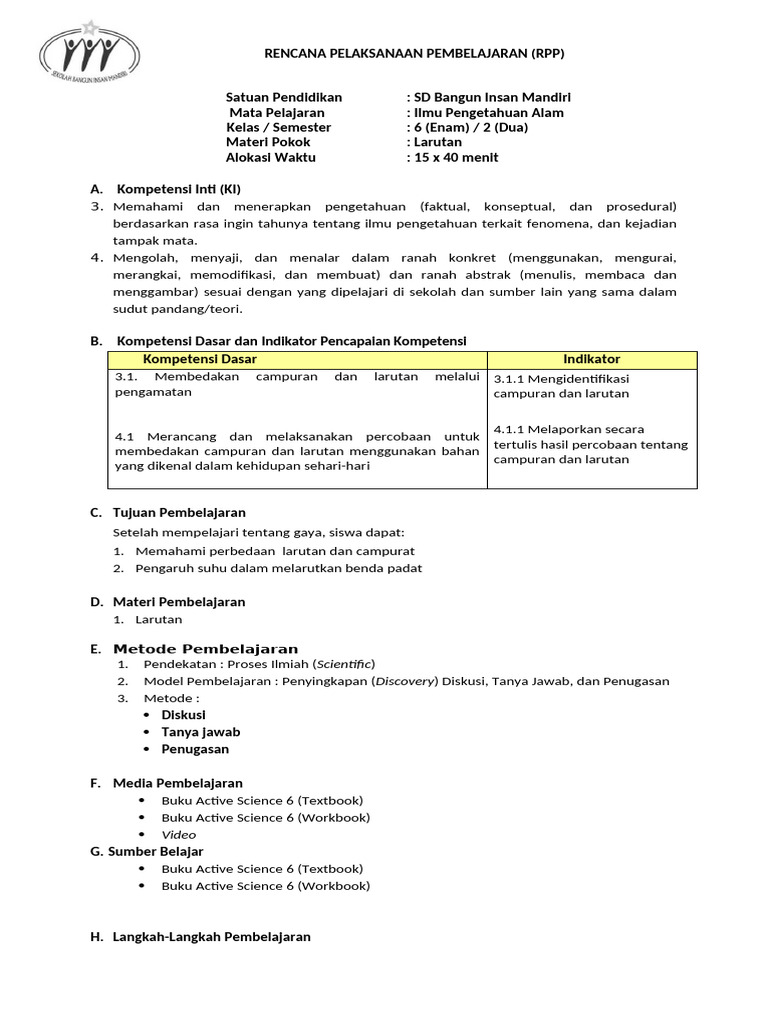 RPP IPA Kelas 6: Larutan | PDF