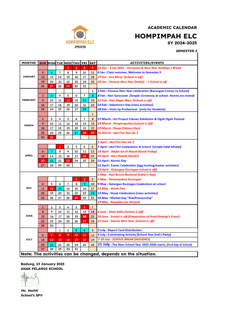 Academic Calendar of HOMPIMPAH ELC (Sem 2 2025) | PDF | Academic Term ...
