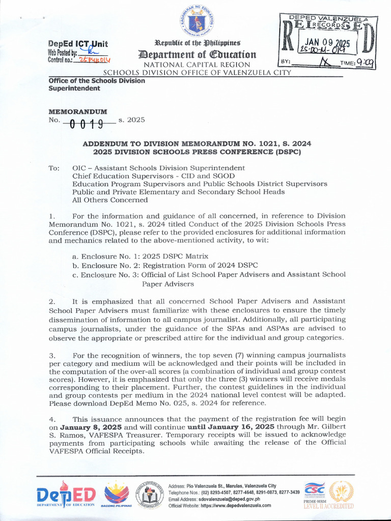 DM 0019 S. 2025 Addendum To Division Memorandum No. 1021 S. 2024 2025 Division Schools Press ...