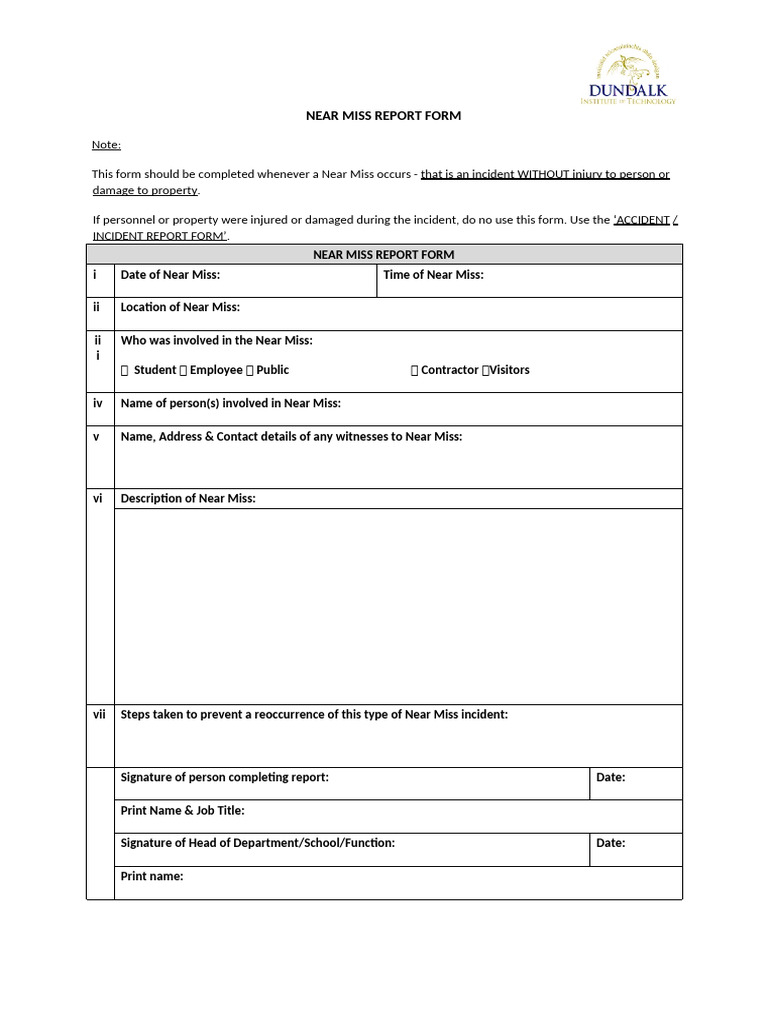 Near Miss Report Form Guidelines | PDF