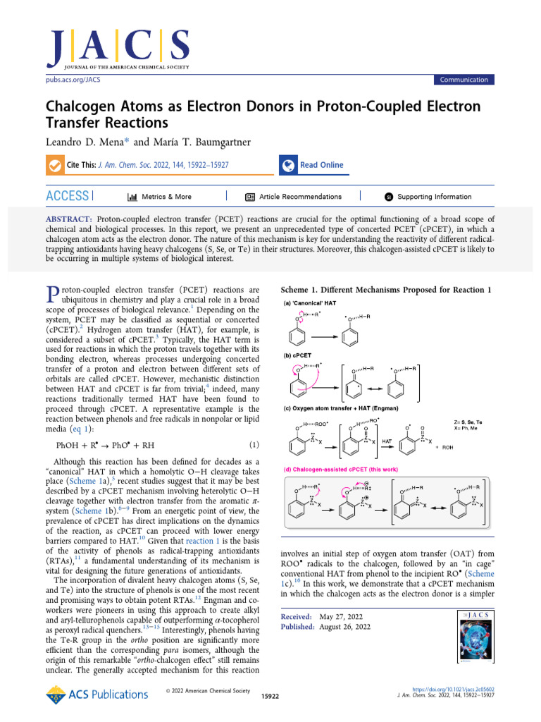 Chalcogen as e- donars jacs.2c05602 | PDF | Chemical Reactions | Cysteine