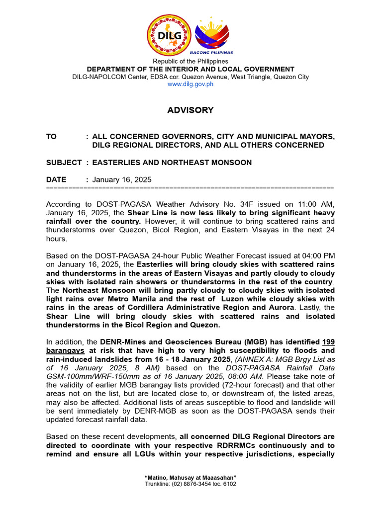 Esgd DILG Advisory For Regions On Easterlies and Northeast Monsoon | PDF | Flood | Rain