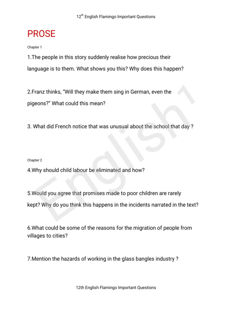 Flamingo Important Questions | PDF