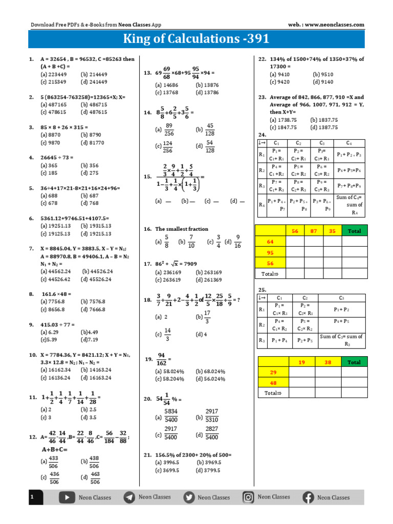 King Of Calculations Sheet- 391 | PDF