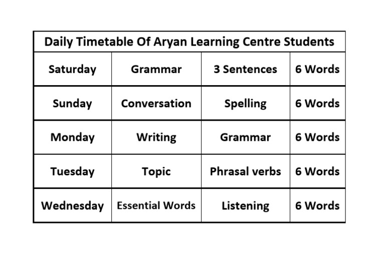 Daily Timetable of Aryan Learning Centre Students | PDF