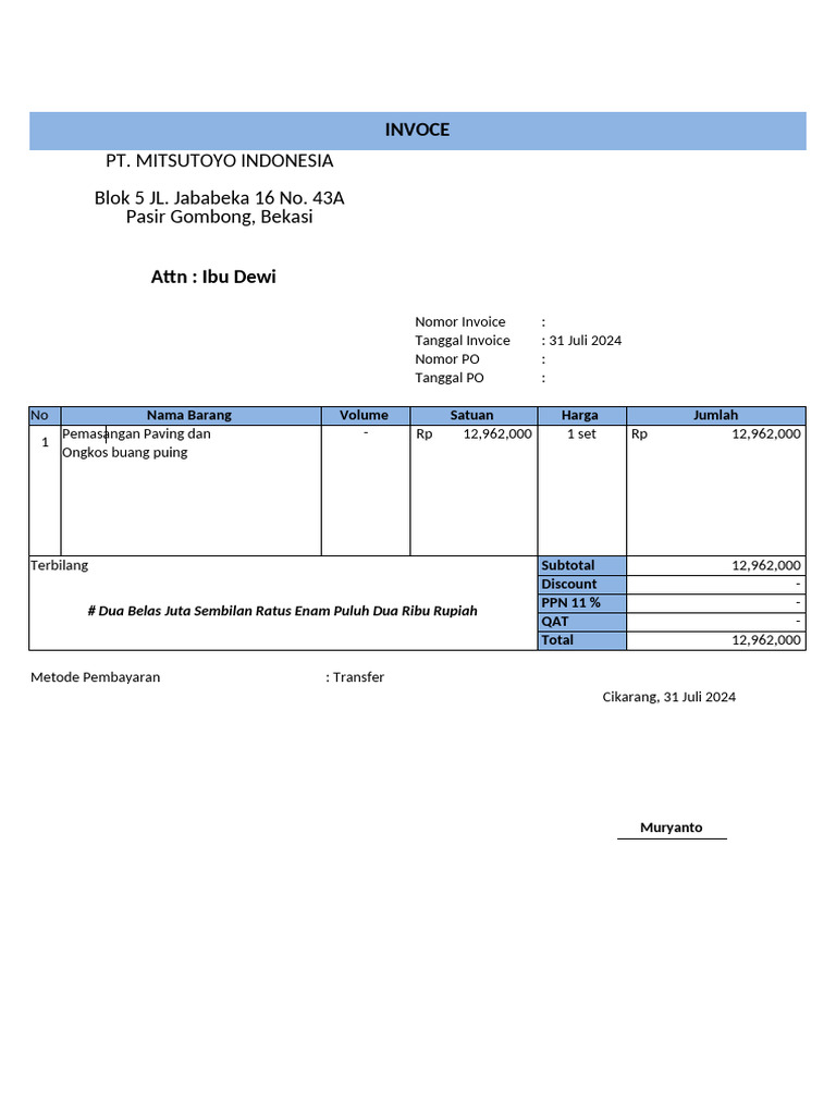 Invoice Pemasangan Paving PT Mitsutoyo | PDF
