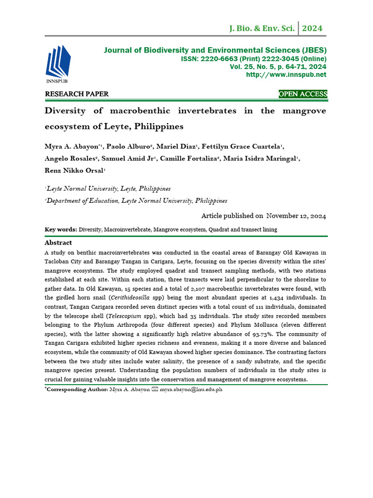 Diversity of macrobenthic invertebrates in the mangrove ecosystem of ...