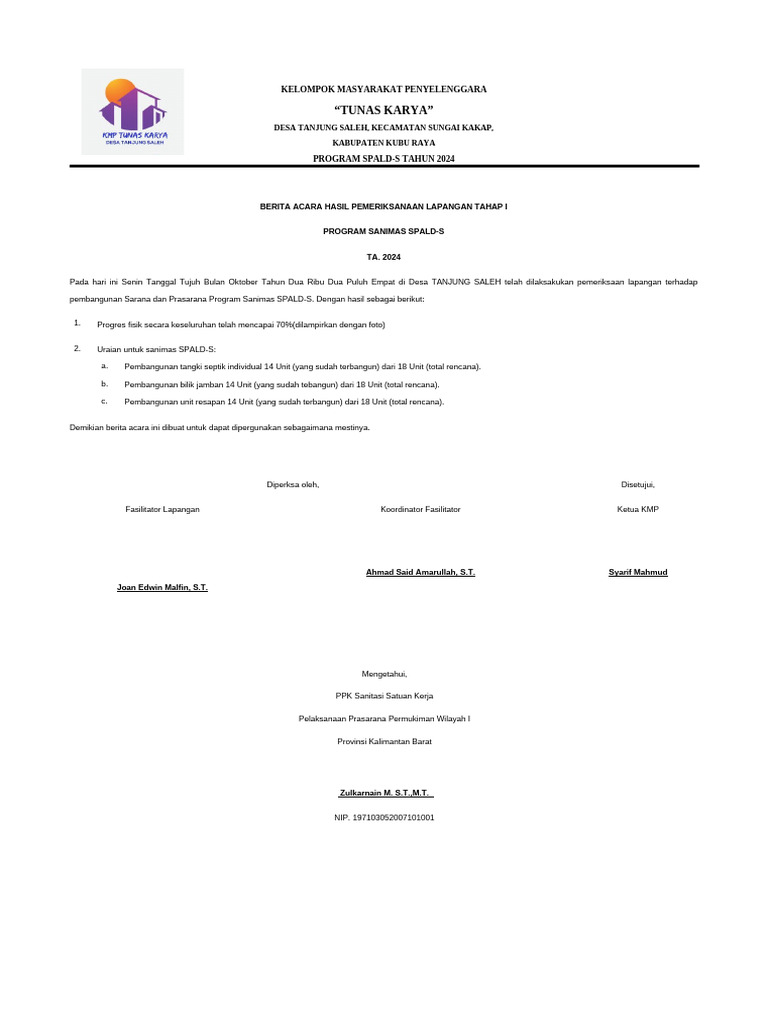 BA Pemeriksaan Lapangan Tahap I Tanjung Saleh | PDF