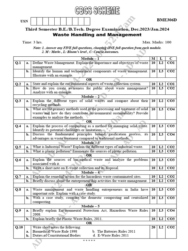 Waste Management Exam Questions 2023 | PDF | Waste | Waste Management