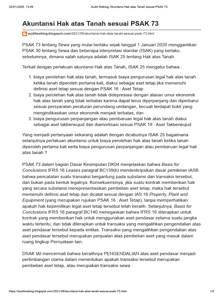 Akuntansi Tanah Berdasarkan PSAK 73 | PDF