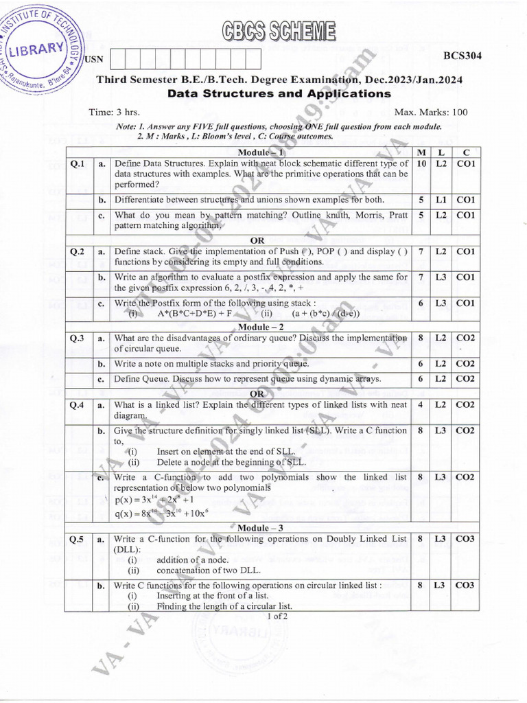 Data Structures and Applications(BCS304) Dec 2023-Jan 2024 | PDF | Vertex (Graph Theory) | Queue ...