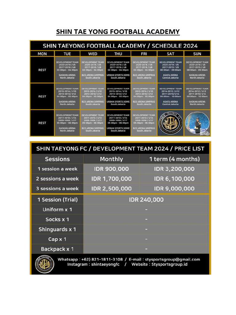 Shin Tae Yong Football Academy Schedule Price | PDF