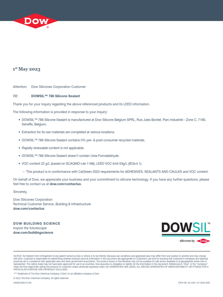 Leed Letter Dowsil 786 Silicone Sealant Europe | PDF | Silicone ...