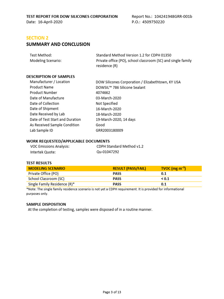 Voc Emission Compliance Report Dowsil 786 Silicone Sealant | PDF