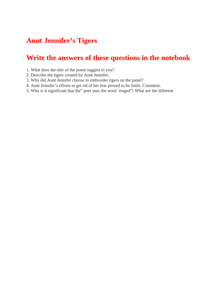 Aunt Jennifer's Tigers Poem Questions | PDF
