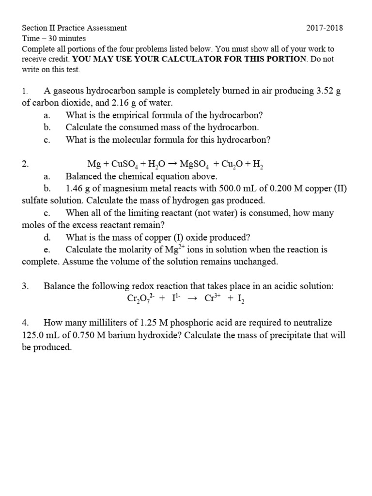 CH 1-4 TEST Section II Practice Assessment 2017-2018 | PDF