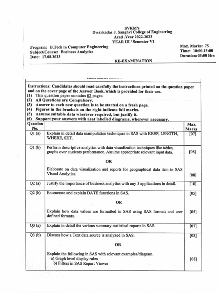 Business Analytics QP Computer Sem VI | PDF
