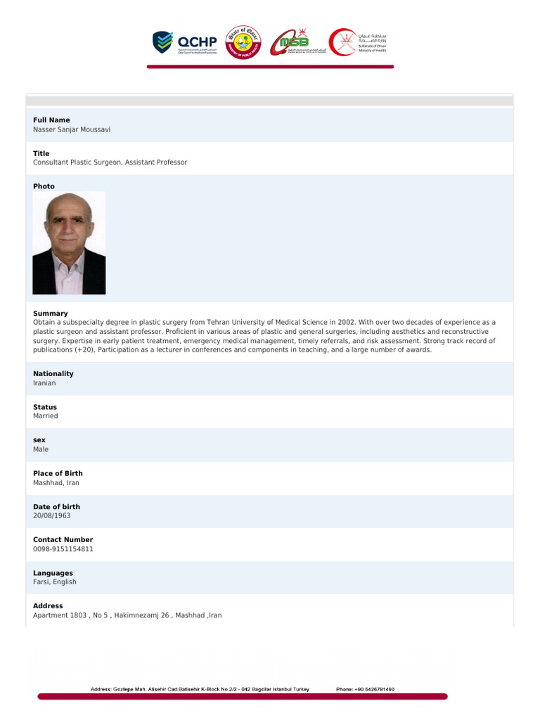 Resume - Nasser Sanjar Moussavi | PDF | Plastic Surgery | Medical Specialties
