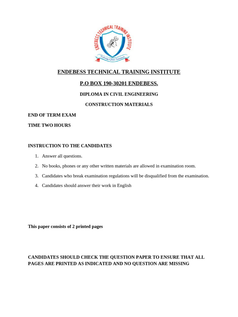 Civil Engineering Exam: Construction Materials | PDF