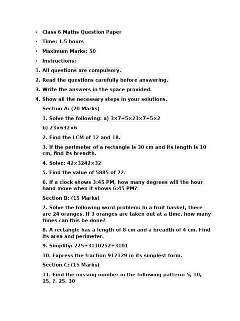 Class 6 Maths Exam Paper 2023 | PDF