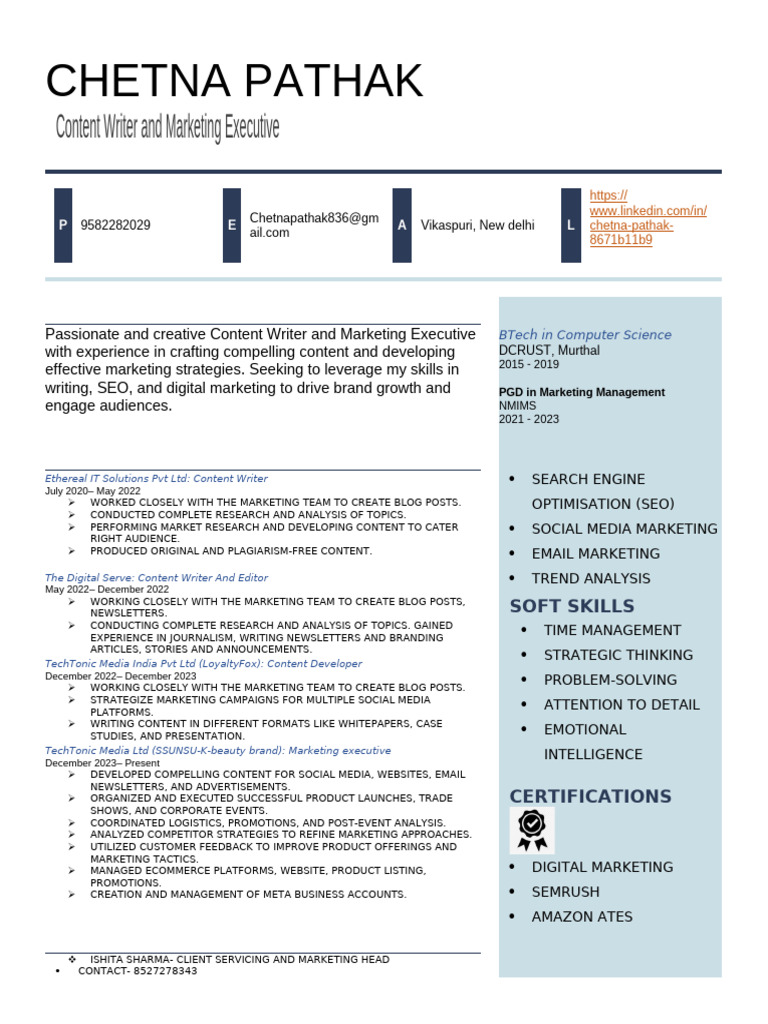 Chetna Pathak - Resume - Content and Marketing Executive | PDF | Marketing | Digital Marketing