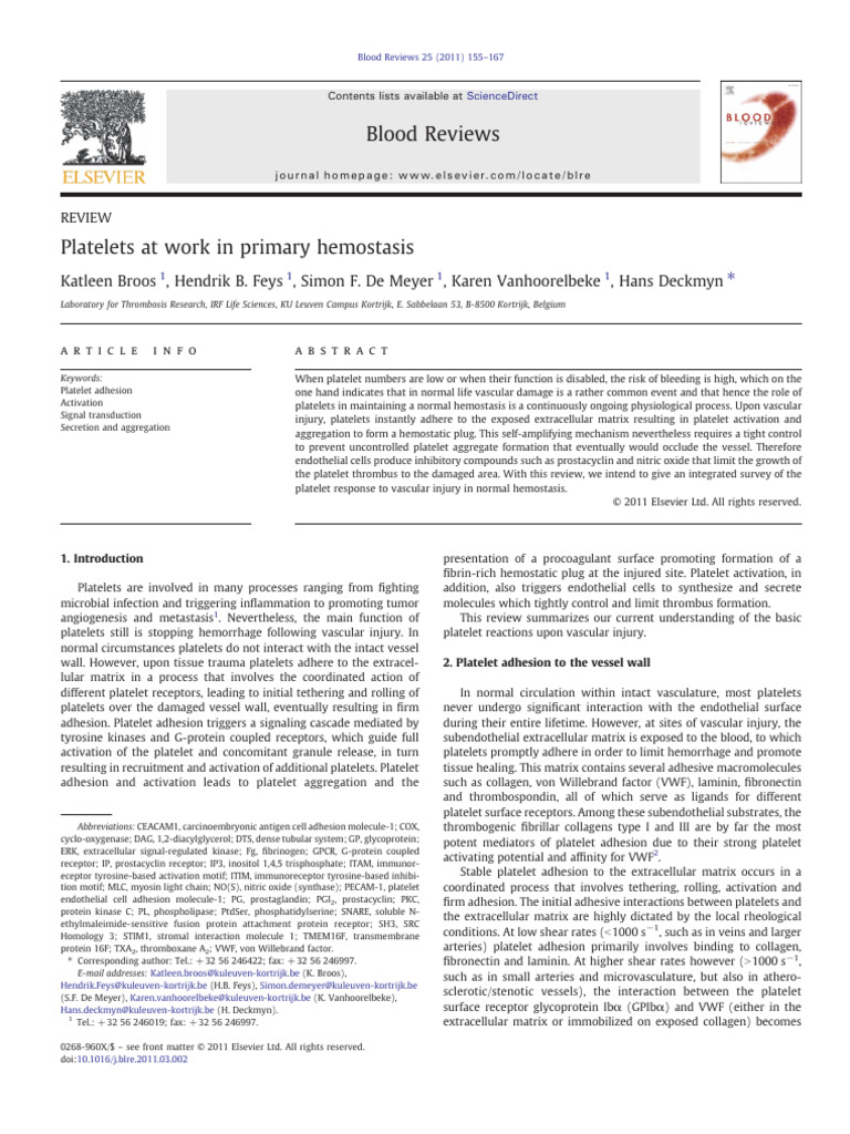 Platelets at work in primary hemostasis | PDF | Platelet | Integrin