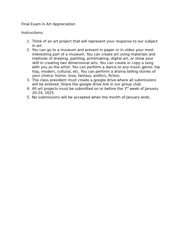 Art Appreciation Final Exam Project Guide | PDF