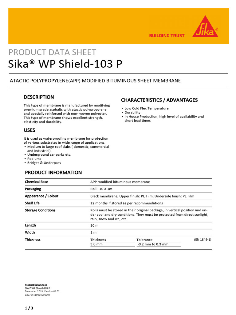 Waterproofing Chemical Suppliers - Waterproofing Membrane - Sika - WP - Shield-103pm - ADT ...