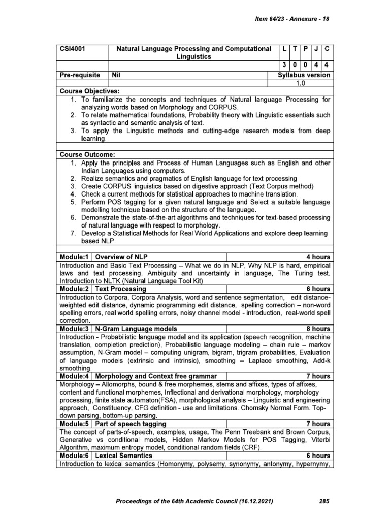 Csi4001 Natural-language-processing-And-computational-linguistics Eth 1.0 69 Csi4001 64 Acp | PDF