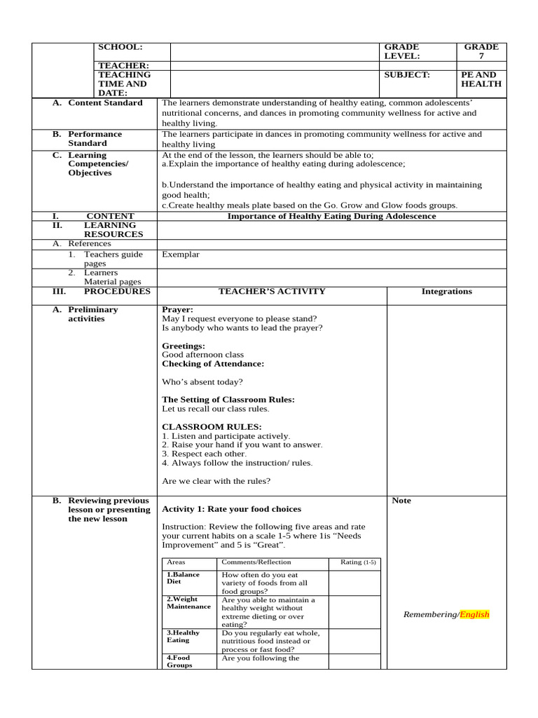 Grade 7 PE & Health Lesson Plan | PDF | Healthy Diet | Nutrition