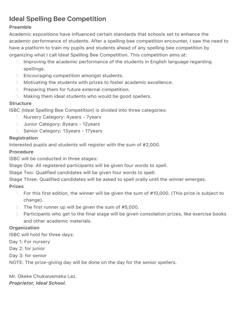 Ideal Spelling Bee Competition Details | PDF