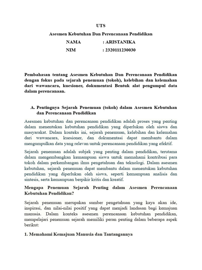 Uts Asesmen Kebutuhan Dan Perencanaan Pendidikan - Aristanika - 2320111320030 | PDF