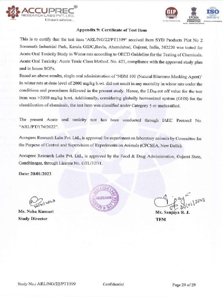 Certificate of Test Item (NBM 100) | PDF