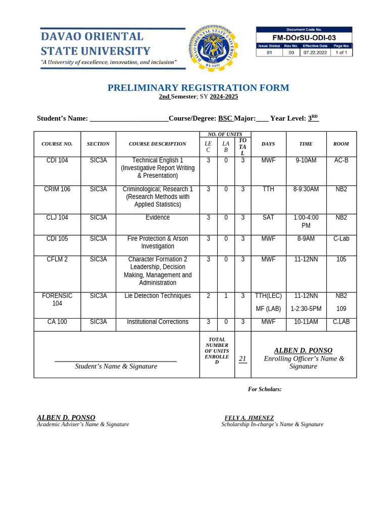 2nd Semester Preliminary Registration Form | PDF