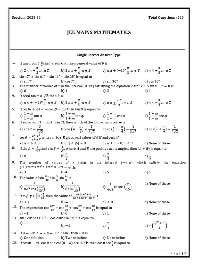 Jee Mains Maths Question Bank Available in Word and PDF | PDF | Pi ...
