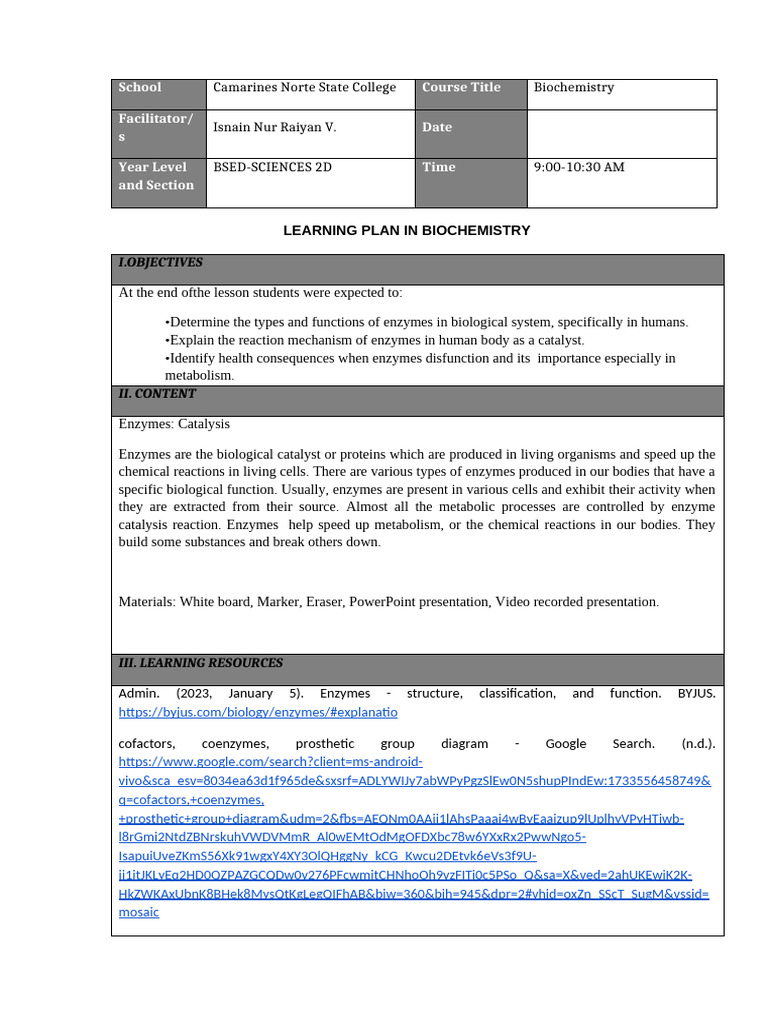 Isnain Enzymes Learning Plan | PDF | Enzyme | Cofactor (Biochemistry)