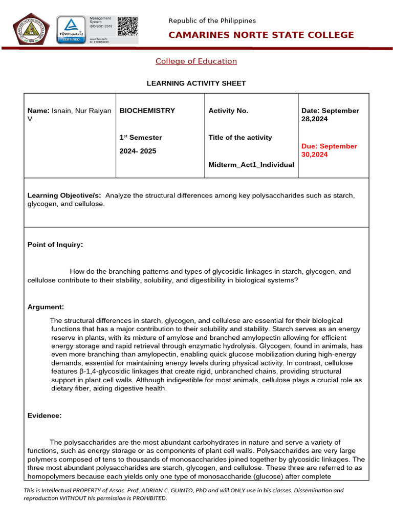 FINAL POLYSA POI Activity Sheet 1 Biochem | PDF | Starch | Polysaccharide