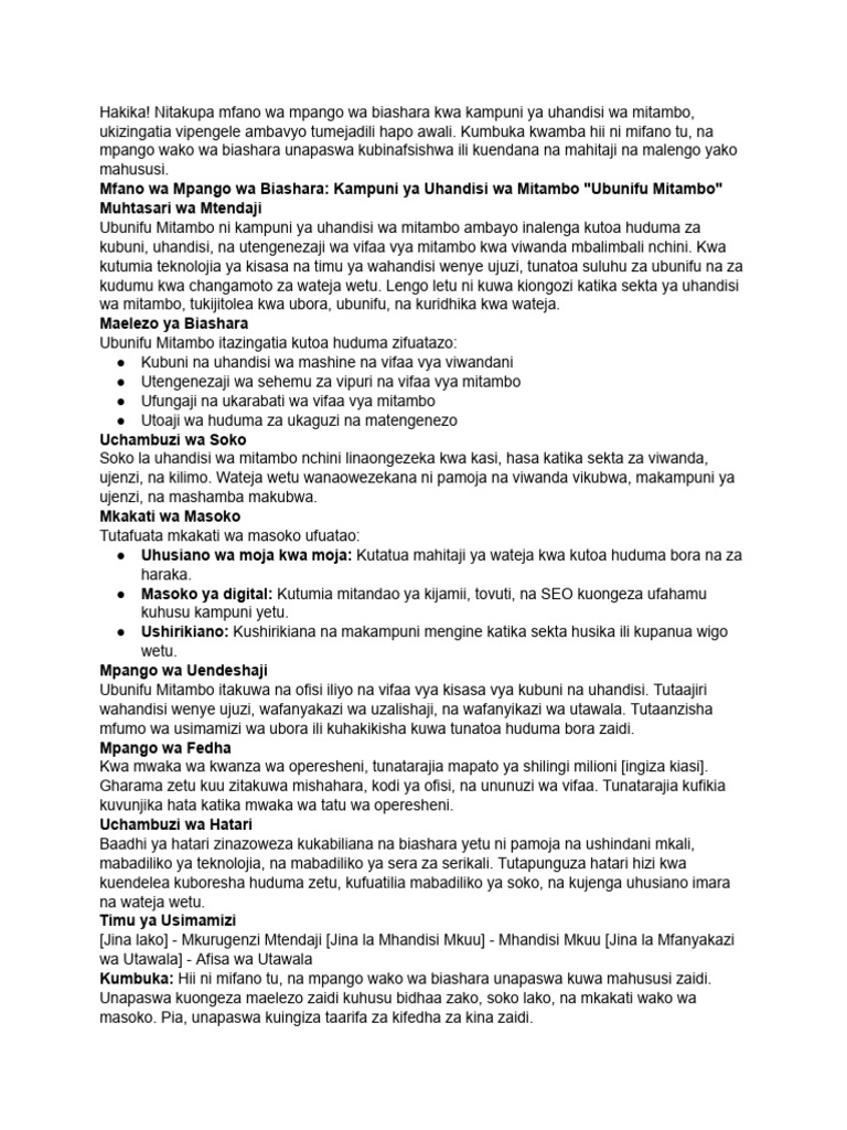 Andika Mfano Wa Mpango Wa Biashara Kwa Kufwata Vip.. | PDF