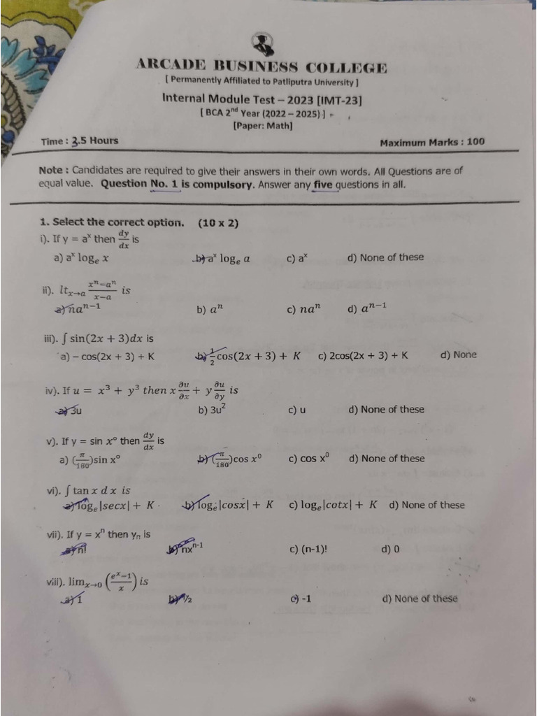 Arcade Business College IMT 2nd Math pyq... | PDF