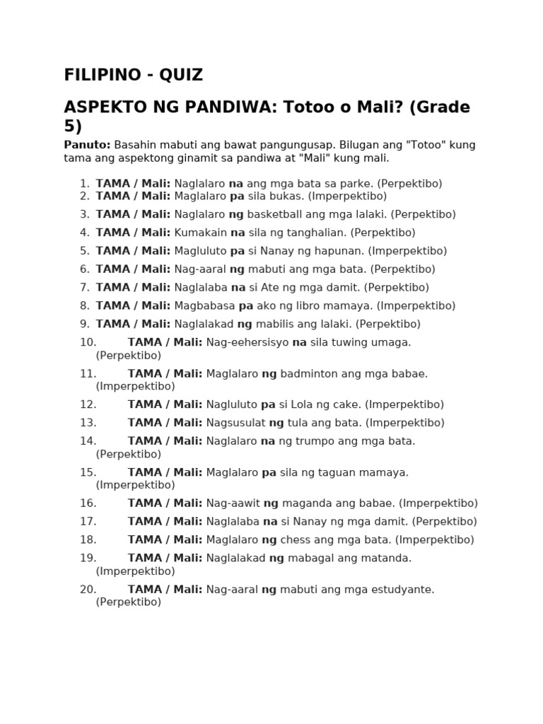 FILIPINO - Quiz5 | PDF