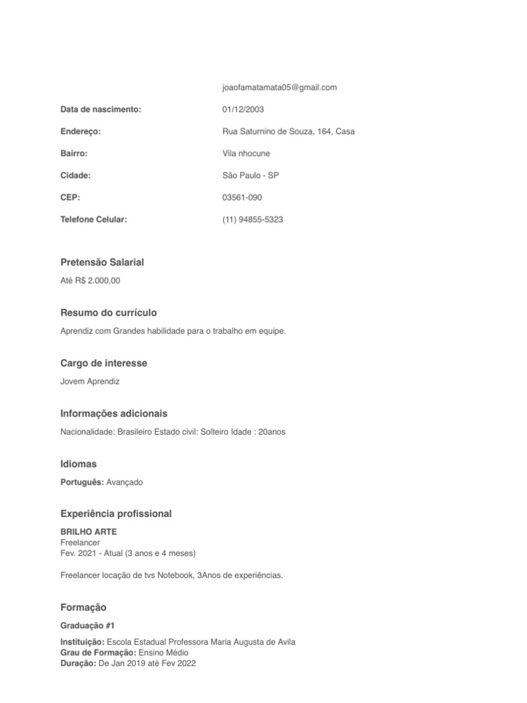 Currículo de Jovem Aprendiz João | PDF