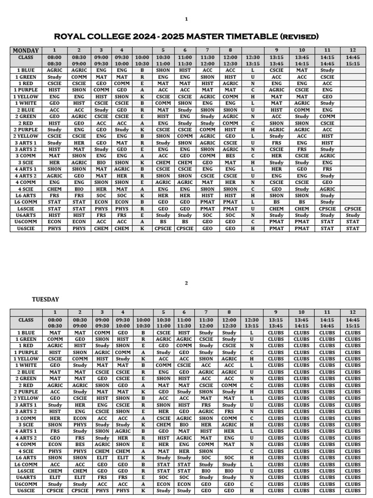 Royal College Master Timetable 2024 - Revised March | PDF
