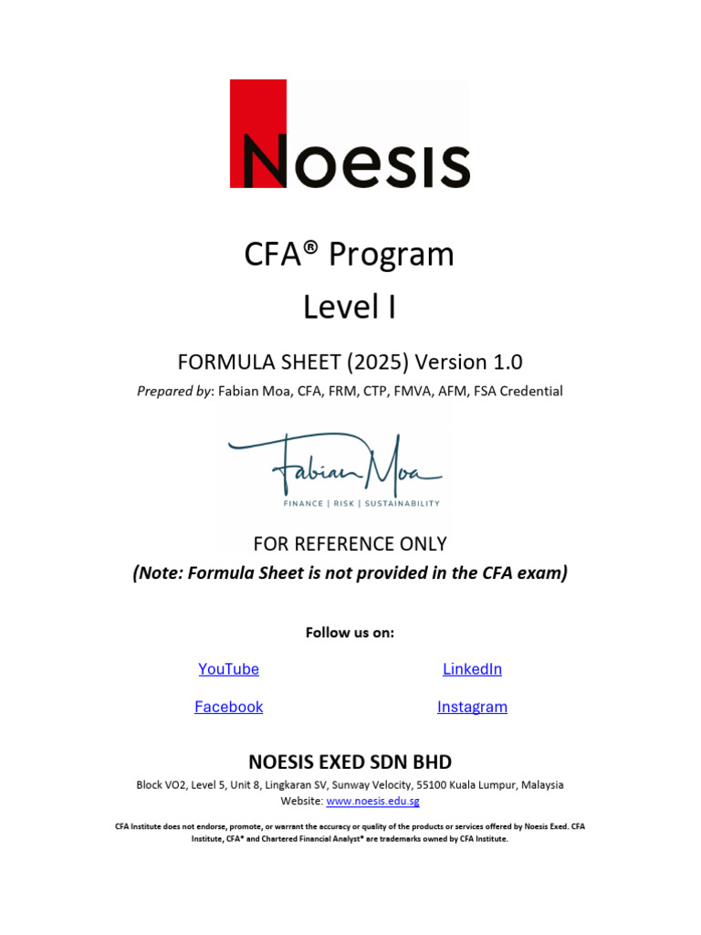 CFA Level I Formula Sheet 2025 by Fabian Moa | PDF | Errors And Residuals | Fixed Income