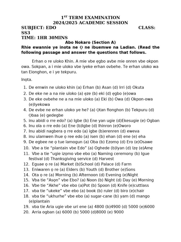 1ST TERM EXAMINATION ss3 | PDF