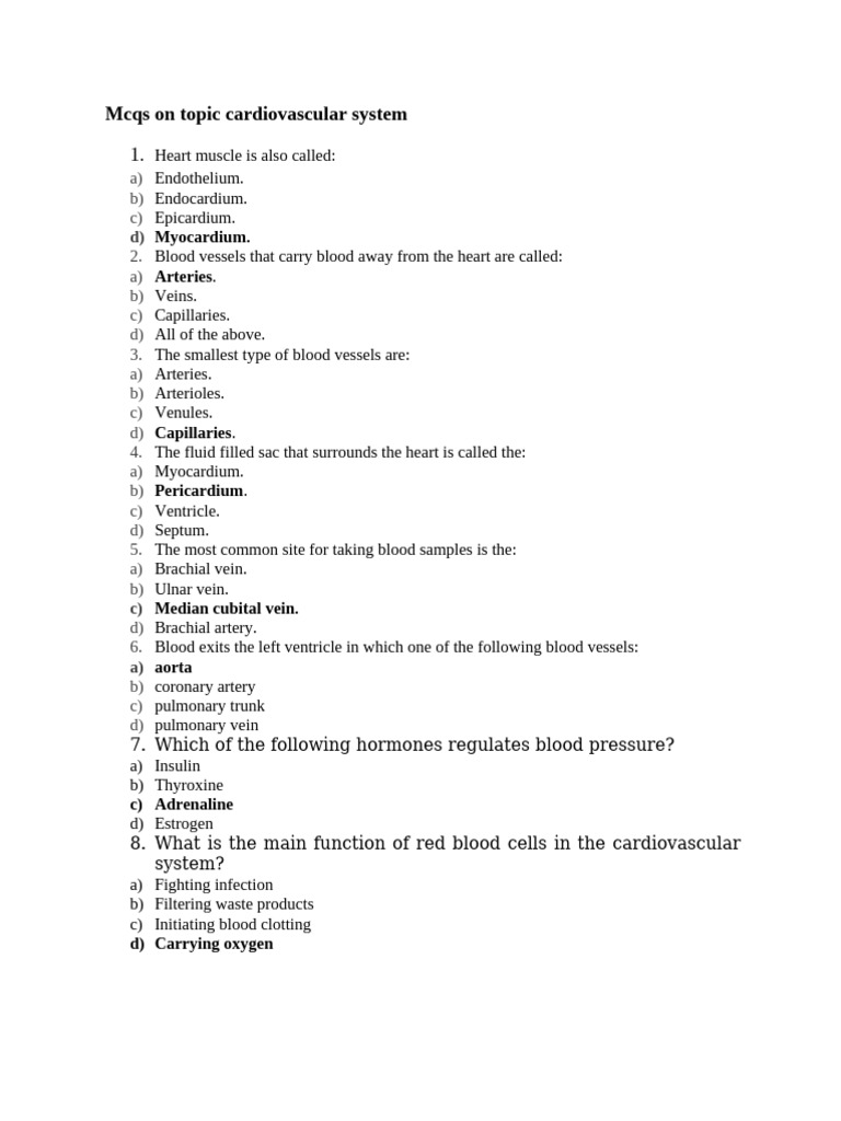 Mcqs On Topic Cardiovascular System | PDF | Heart | Artery