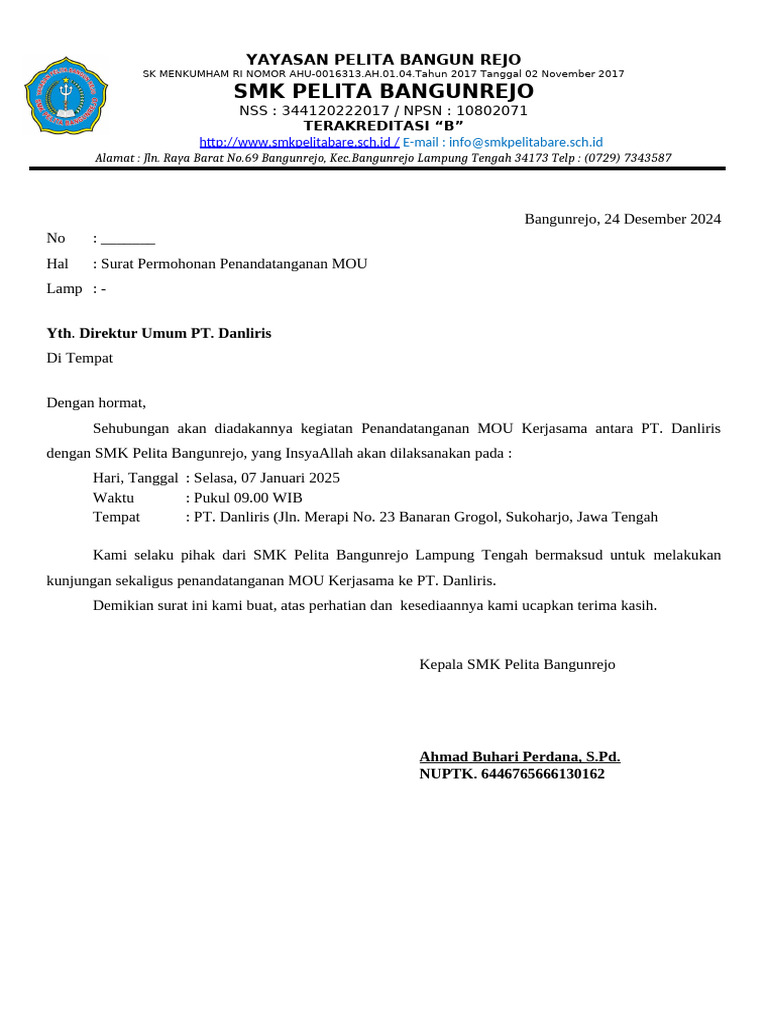 Surat Permohonan MOU dengan PT. Danliris | PDF
