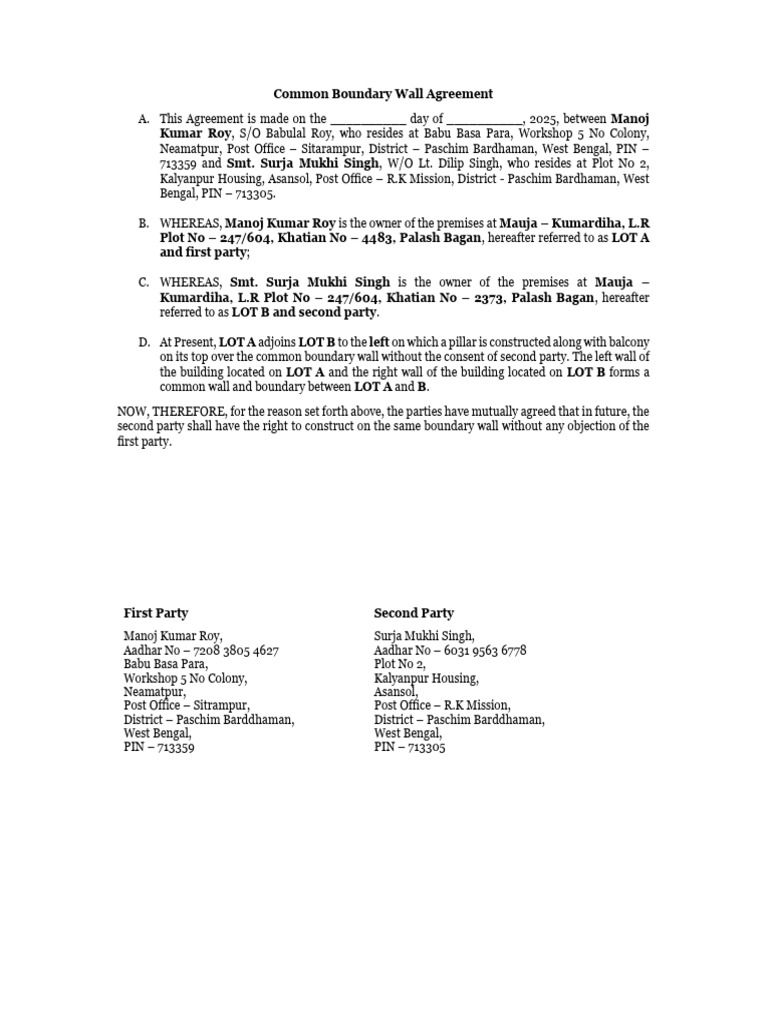 Common Boundary Wall Agreement Template | PDF