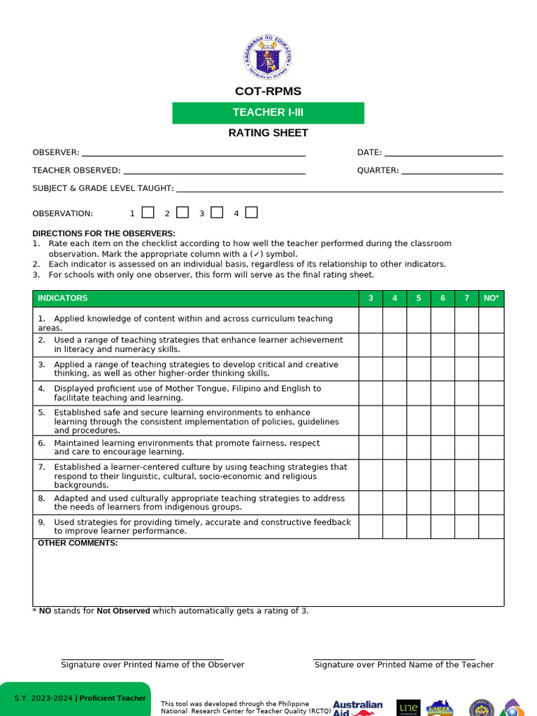 Teacher Observation Rating Sheet | PDF | Teachers | Learning