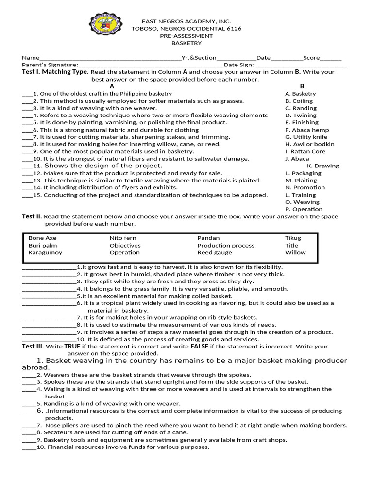 Grade 11 Basketry Pre-Assessment | PDF | Basket Weaving | Weaving