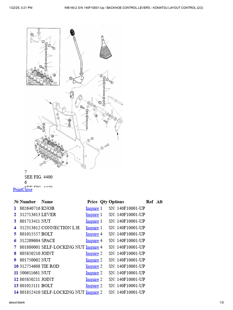 WB140-2 S - N 140F10001-Up - BACKHOE CONTROL LEVERS - KOMATSU LAYOUT ...